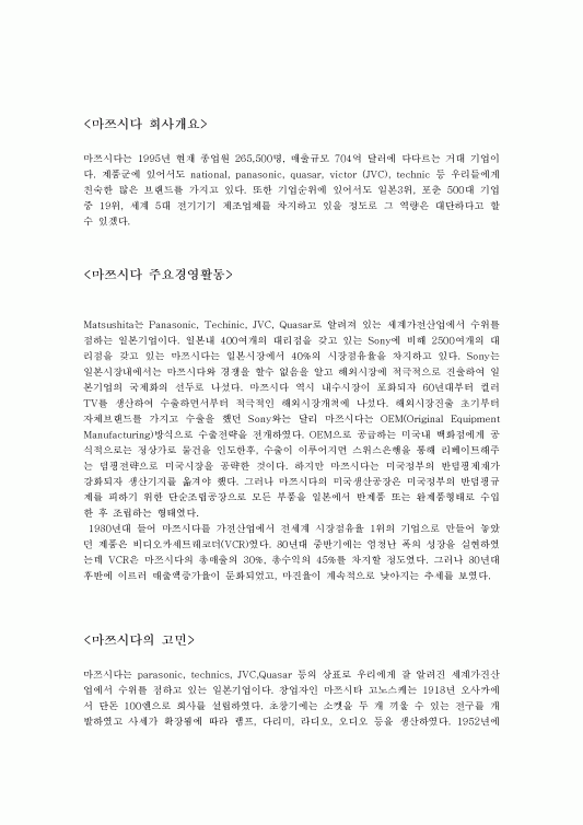 마쯔시다 - 마쯔시다 회사개요, 주요경영활동