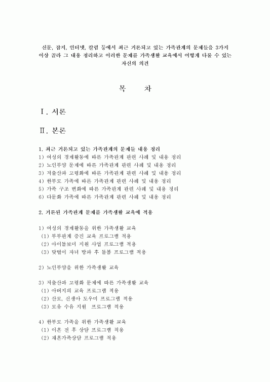 신문, 잡지, 인터넷, 칼럼 등에서 최근 거론되고 있는 가족관계의 문제들을 3가지 이상 골라 그 내용 정리, 이러한 문제를 가족생활 교육에서 어떻게 다룰 수 있는 자신의 의견