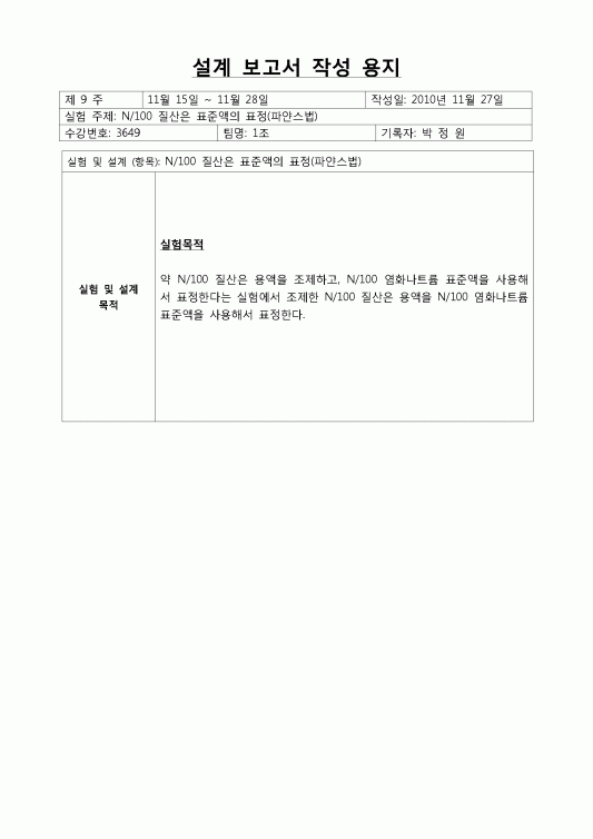 N/100 질산은 표준액의 표정(파얀스법)