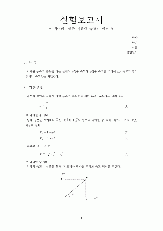 일반 물리학 실험 보고서 - 에어테이블을 이용한 속도의 벡터 합