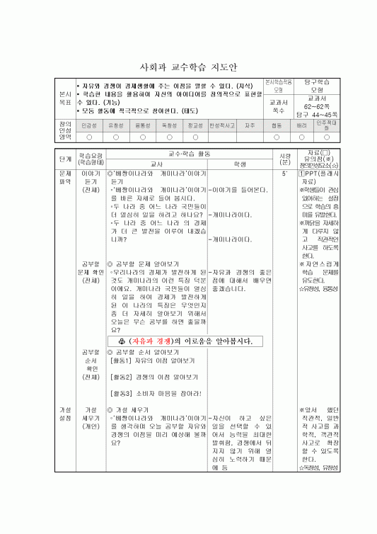 6학년 사회 지도안-자유와 경쟁의 장점(이로움)(중안)