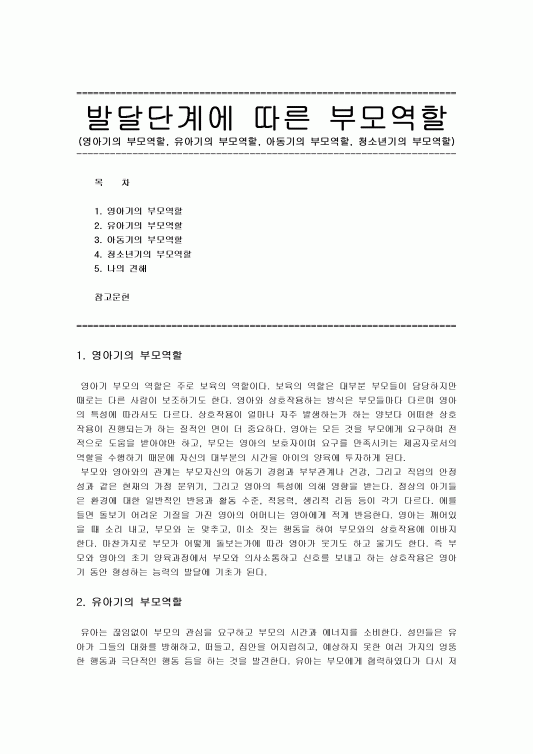 아동 발달 단계에 따른 영아기,유아기, 아동기, 청소년기의 부모역할