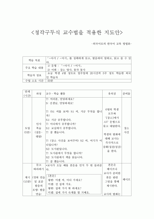[인문과학] 청각구두식 교수법을 적용한 지도안