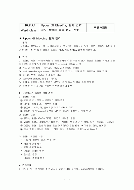 KGCC, 식도 정맥류 출혈, Upper GI Bleeding 환자 간호
