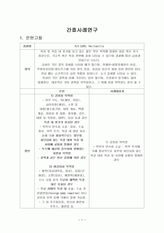 CAPD, Peritonitis 성인 간호학 CASE STDUY 자료입니다^^