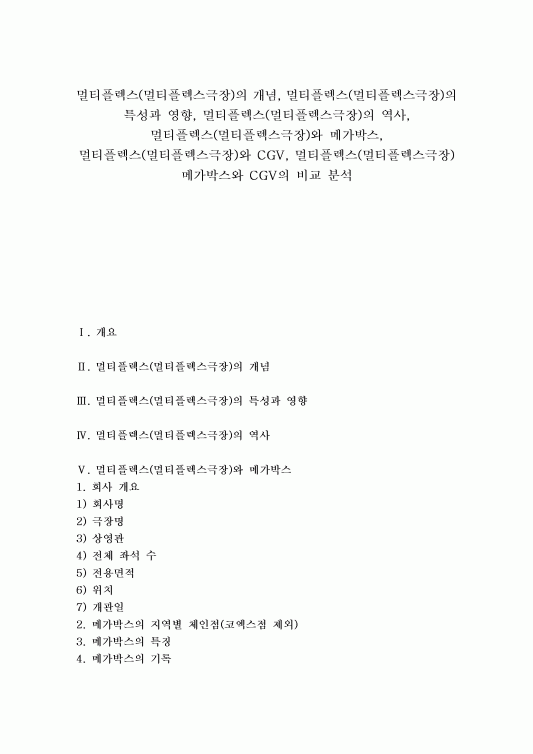 멀티플렉스(멀티플렉스극장) 개념, 멀티플렉스(멀티플렉스극장) 특성,영향, 멀티플렉스(멀티플렉스극장) 역사, 멀티플렉스(멀티플렉스극장) 메가박스, CGV, 멀티플렉스(멀티플렉스극장) 메가박스와 CGV의 비교 분석