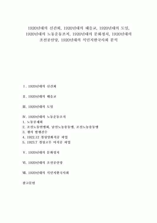[1920년대][신간회][태을교][도일][문화정치]1920년대의 신간회, 1920년대의 태을교, 1920년대의 도일, 1920년대의 노동운동조직, 1920년대의 문화정치, 1920년대의 조선공산당, 1920년대의 식민지한국사회 분석