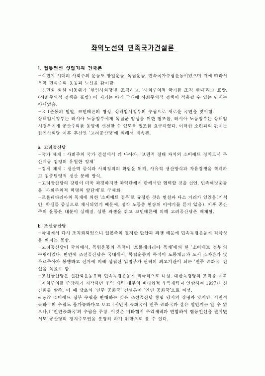 독립운동시기의 좌우민족국가건설론의 이해와 좌우합작운동의 이해