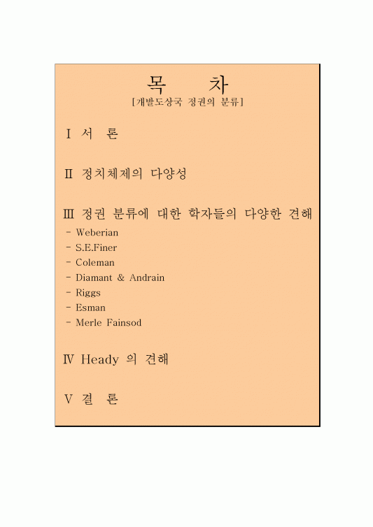 개발도상국 정권의 분류 (정치체제의 다양성, Weberian, S.E.Finer, Coleman, Diamant & Andrain, Riggs, Esman, Merle Fainsod, Heady)