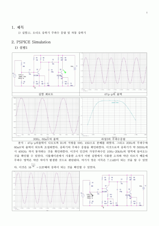 오디오 증폭기 주파수 응답 및 차동 증폭기 예비레포트