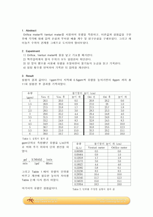 오리피스 미터, 벤츄리 미터를 사용하여 유체의 유속을 측정한 결과 레포트 입니다.