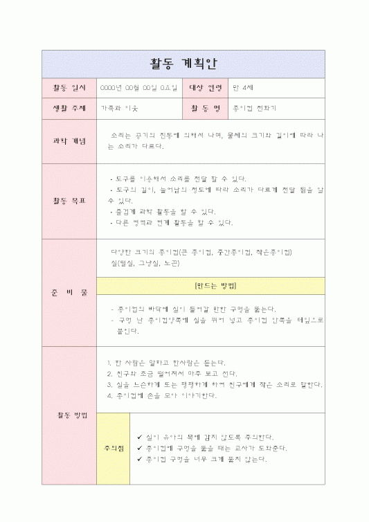 [유아과학] <활동 계획안> 가족과 이웃 - 종이컵 전화기