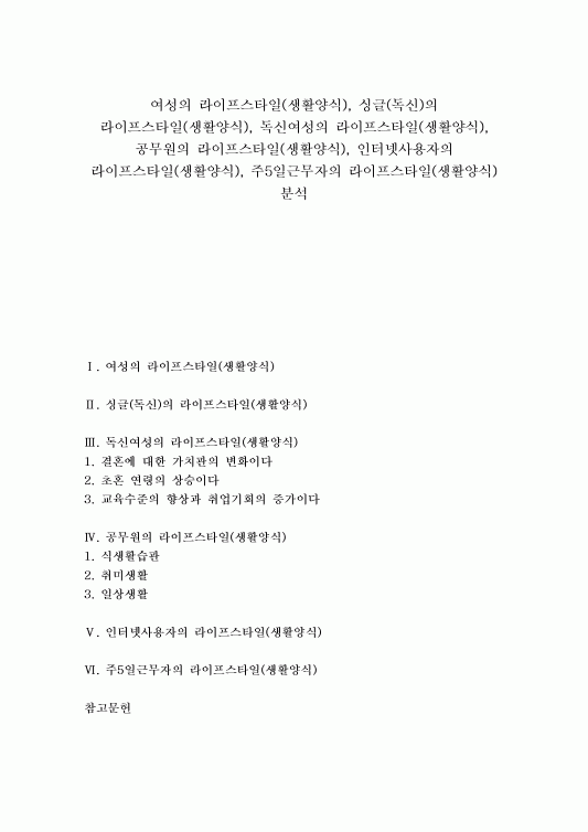 여성 라이프스타일(생활양식), 싱글(독신) 라이프스타일(생활양식), 독신여성 라이프스타일(생활양식), 공무원 라이프스타일(생활양식), 인터넷사용자 라이프스타일(생활양식), 주5일근무자 라이프스타일(생활양식)