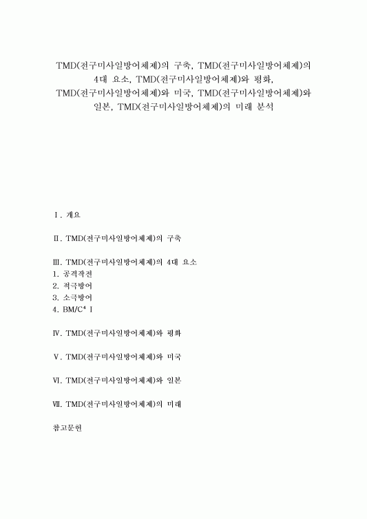 TMD(전구미사일방어체제)의 구축, TMD(전구미사일방어체제)의 4대 요소, TMD(전구미사일방어체제)와 평화, TMD(전구미사일방어체제)와 미국, TMD(전구미사일방어체제)와 일본, TMD(전구미사일방어체제) 미래