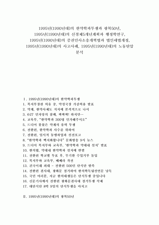 1995년(1990년대) 한약학과투쟁과 광복50년, 1995년(1990년대) 신경제5개년계획과 행정학연구, 1995년(1990년대) 증권민사소송개혁법과 법인세법개정, 1995년(1990년대) 사고사례, 1995년(1990년대)의 노동탄압 분석