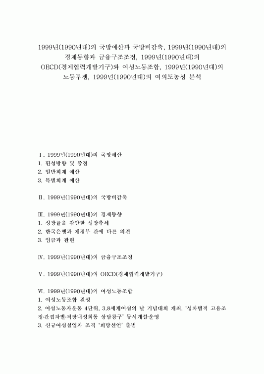 1999년(1990년대) 국방예산과 국방비감축, 1999년(1990년대) 경제동향과 금융구조조정, 1999년(1990년대) OECD(경제협력개발기구)와 여성노동조합, 1999년(1990년대) 노동투쟁, 1999년(1990년대) 여의도농성 분석