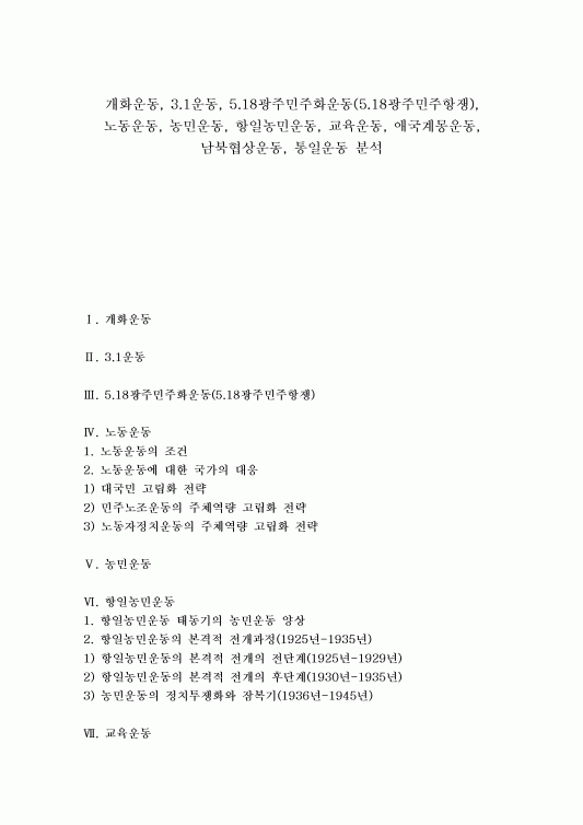 [개화운동][3.1운동][5.18광주민주화운동(5.18광주민주항쟁)]개화운동, 3.1운동, 5.18광주민주화운동(5.18광주민주항쟁), 노동운동, 농민운동, 항일농민운동, 교육운동, 애국계몽운동, 남북협상운동, 통일운동 분석