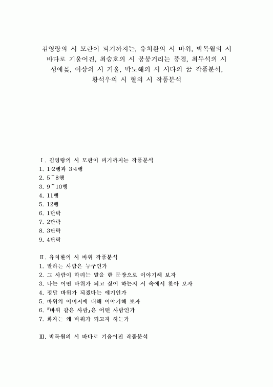 [시][작품 분석]김영랑의 시 모란이 피기까지는, 유치환의 시 바위, 박목월의 시 바다로 기울어진, 최승호의 시 붕붕거리는 풍경, 최두석의 시 성에꽃, 이상의 시 거울, 박노해의 시 시다의 꿈 작품분석, 황석우의 시 혈의 시 작품분석(시, 작품 분석)