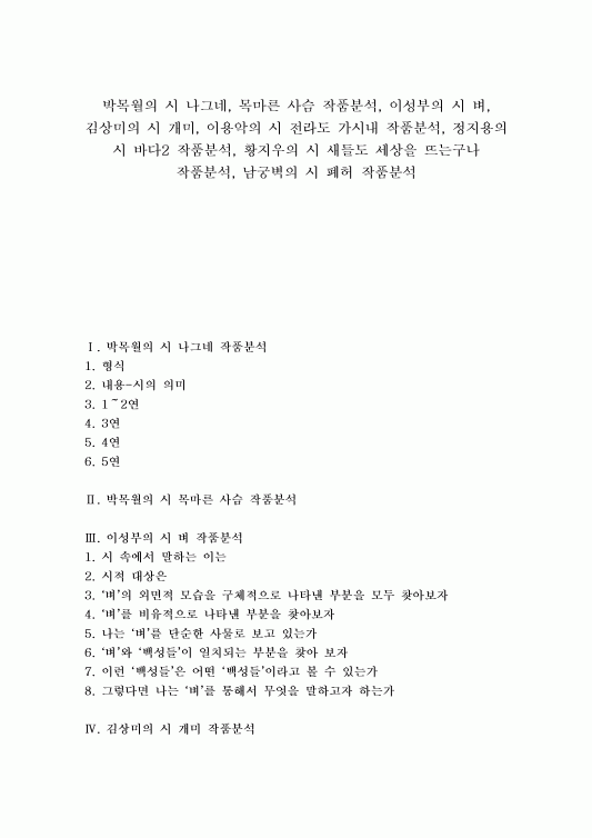 박목월의 시 나그네, 목마른 사슴 작품분석, 이성부의 시 벼, 김상미의 시 개미, 이용악의 시 전라도 가시내 작품분석, 정지용 시 바다2 작품분석, 황지우 시 새들도 세상을 뜨는구나, 남궁벽 시 폐허 작품분석