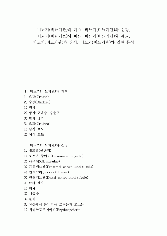 [비뇨기][비뇨기관][신장][배뇨][세뇨][장애][질환]비뇨기(비뇨기관)의 개요, 비뇨기(비뇨기관)와 신장, 비뇨기(비뇨기관)와 배뇨, 비뇨기(비뇨기관)와 세뇨, 비뇨기(비뇨기관)와 장애, 비뇨기(비뇨기관)와 질환