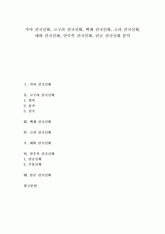 [건국신화][가야][고구려][백제][고려][대하][만주족][만주][단군][단군신화][건국][신화]가야 건국신화, 고구려 건국신화, 백제 건국신화, 고려 건국신화, 대하 건국신화, 만주족 건국신화, 단군 건국신화 분석