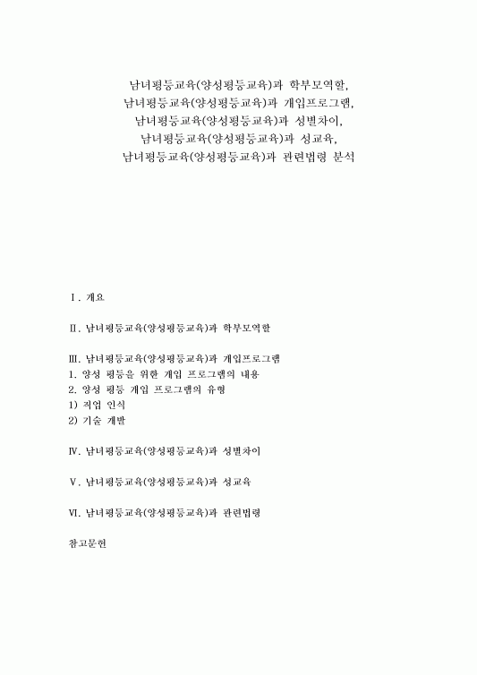 남녀평등교육(양성평등교육)과 학부모역할, 남녀평등교육(양성평등교육)과 개입프로그램, 남녀평등교육(양성평등교육)과 성별차이, 남녀평등교육(양성평등교육)과 성교육, 남녀평등교육(양성평등교육)과 관련법령