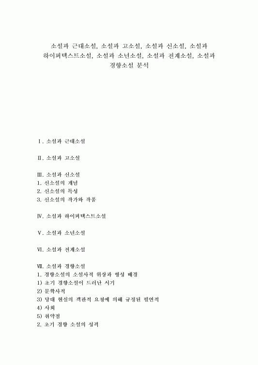 [소설][근대소설][고소설][신소설][하이퍼텍스트소설][소년소설][전계소설]소설과 근대소설, 소설과 고소설, 소설과 신소설, 소설과 하이퍼텍스트소설, 소설과 소년소설, 소설과 전계소설, 소설과 경향소설 분석