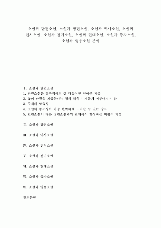 [소설][단편소설][장편소설][역사소설][전시소설][전기소설]소설과 단편소설, 소설과 장편소설, 소설과 역사소설, 소설과 전시소설, 소설과 전기소설, 소설과 현대소설, 소설과 풍자소설, 소설과 영웅소설 분석