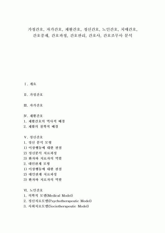 [간호][가정간호][자가간호][재활간호][정신간호][노인간호][치매간호][간호중재][간호과정]가정간호, 자가간호, 재활간호, 정신간호, 노인간호, 치매간호, 간호중재, 간호과정, 간호관리, 간호사, 간호조무사
