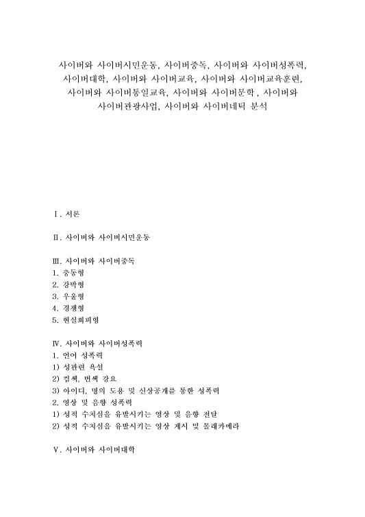 사이버와 사이버시민운동, 사이버중독, 사이버와 사이버성폭력, 사이버대학, 사이버와 사이버교육, 사이버와 사이버교육훈련, 사이버와 사이버통일교육, 사이버와 사이버문학, 사이버와 사이버관광사업, 사이버네틱