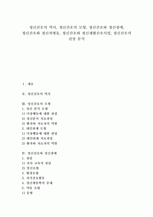 [정신간호][정신간호 모형][정신장애][정신과병동][정신재활간호사업]정신간호의 역사, 정신간호의 모형, 정신간호와 정신장애, 정신간호와 정신과병동, 정신간호와 정신재활간호사업, 정신간호의 전망 분석