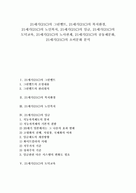 [21C]21세기(21C)의 그린벨트, 21세기(21C)의 복지환경, 21세기(21C)의 노인복지, 21세기(21C)의 임금, 21세기(21C)의 도덕교육, 21세기(21C)의 노사관계, 21세기(21C)의 공동체문화, 21세기(21C)의 소비문화 분석