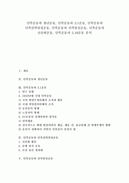 [민족운동][청년운동][3.1운동][민족실력양성운동][민족통일운동]민족운동과 청년운동, 민족운동과 3.1운동, 민족운동과 민족실력양성운동, 민족운동과 민족통일운동, 민족운동과 신간회운동, 민족운동과 5.18운동