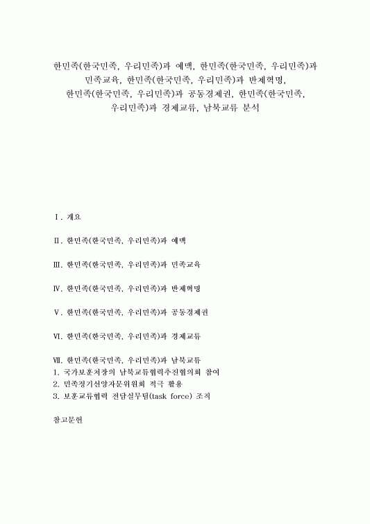 한민족(한국민족, 우리민족)과 예맥, 한민족(한국민족, 우리민족)과 민족교육, 한민족(한국민족, 우리민족)과 반제혁명, 한민족(한국민족, 우리민족)과 공동경제권, 한민족(한국민족, 우리민족) 경제교류, 남북교류