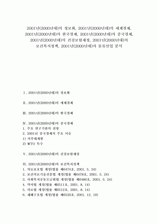 2001년(2000년대)의 정보화, 2001년(2000년대)의 세계경제, 2001년(2000년대)의 한국경제, 2001년(2000년대)의 중국경제, 2001년(2000년대)의 건강보험재정, 2001년의 보건복지정책, 2001년의 물류산업 분석