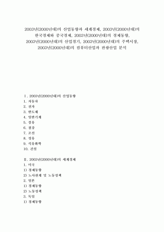 2003년(2000년대)의 산업동향과 세계경제, 2003년(2000년대)의 한국경제와 중국경제, 2003년(2000년대)의 경제동향, 2003년(2000년대)의 산업경기, 2003년(2000년대)의 주택시장, 2003년의 컴퓨터산업과 관광산업
