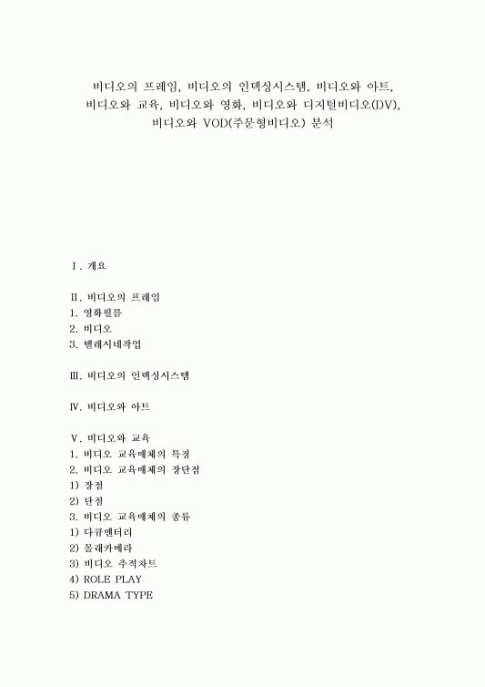 [비디오][프레임][인덱싱시스템][영화][디지털비디오]비디오의 프레임, 비디오의 인덱싱시스템, 비디오와 아트, 비디오와 교육, 비디오와 영화, 비디오와 디지털비디오(DV), 비디오와 VOD(주문형비디오) 분석