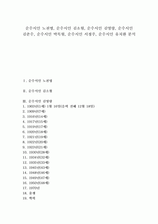 [시인][순수시인][노천명][김소월][김영랑][김춘수][박목월][서정주][유치환]순수시인 노천명, 순수시인 김소월, 순수시인 김영랑, 순수시인 김춘수, 순수시인 박목월, 순수시인 서정주, 순수시인 유치환 분석