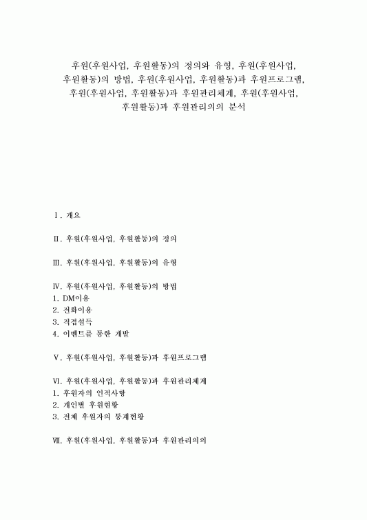 후원(후원사업, 후원활동)의 정의와 유형, 후원(후원사업, 후원활동)의 방법, 후원(후원사업, 후원활동)과 후원프로그램, 후원(후원사업, 후원활동)과 후원관리체계, 후원(후원사업, 후원활동)과 후원관리의의 분석