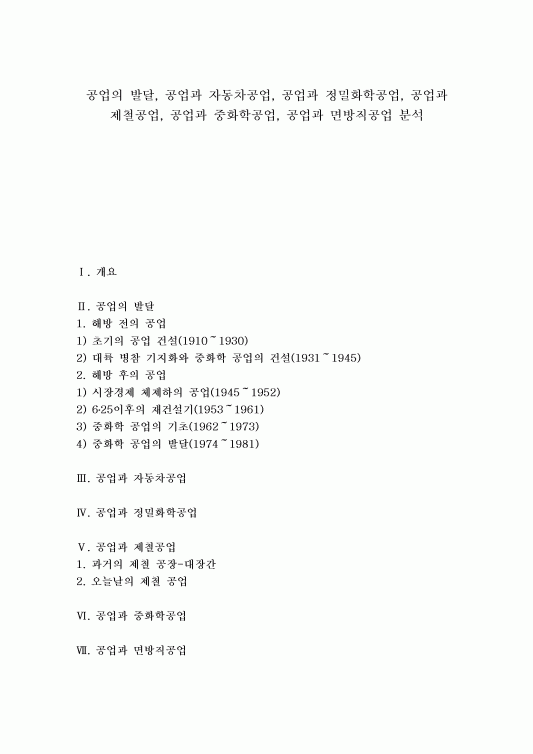[공업][공업 발달][자동차공업][정밀화학공업][제철공업][중화학공업][면방직공업]공업의 발달, 공업과 자동차공업, 공업과 정밀화학공업, 공업과 제철공업, 공업과 중화학공업, 공업과 면방직공업 분석
