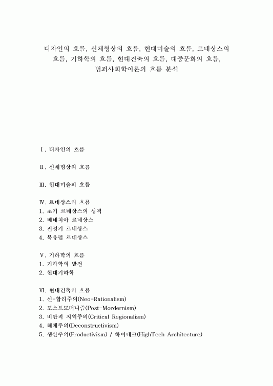 [흐름][디자인][신체형상][현대미술][르네상스][기하학][현대건축]디자인의 흐름, 신체형상의 흐름, 현대미술의 흐름, 르네상스의 흐름, 기하학의 흐름, 현대건축의 흐름, 대중문화의 흐름, 범죄사회학이론의 흐름