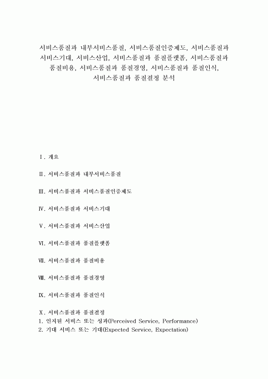 서비스품질과 내부서비스품질, 서비스품질인증제도, 서비스품질과 서비스기대, 서비스산업, 서비스품질과 품질플랫폼, 서비스품질과 품질비용, 서비스품질과 품질경영, 서비스품질과 품질인식, 서비스품질 품질결정