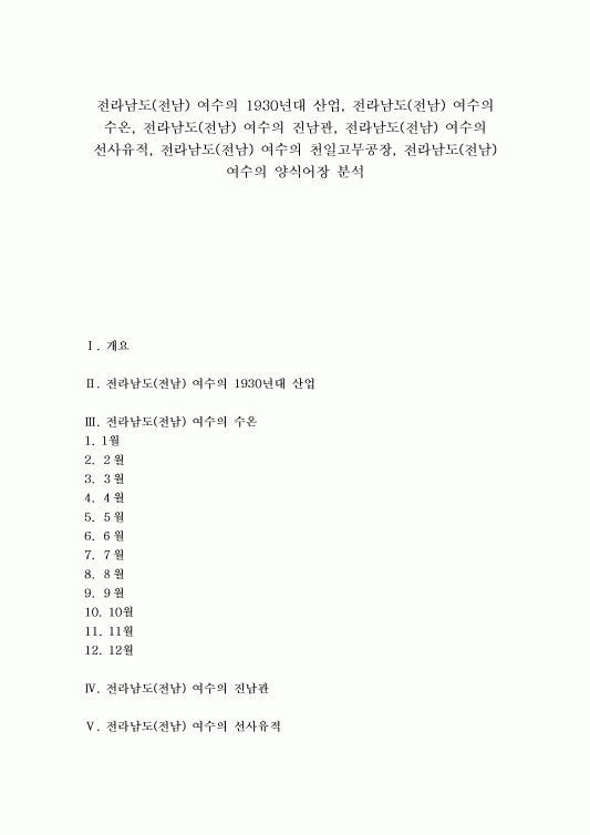 전라남도(전남) 여수의 1930년대 산업, 전라남도(전남) 여수의 수온, 전라남도(전남) 여수의 진남관, 전라남도(전남) 여수의 선사유적, 전라남도(전남) 여수의 천일고무공장, 전라남도(전남) 여수의 양식어장 분석
