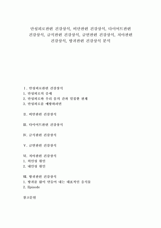 [건강상식, 만성피로, 비만, 다이어트, 금식, 금연, 치아]만성피로관련 건강상식, 비만관련 건강상식, 다이어트관련 건강상식, 금식관련 건강상식, 금연관련 건강상식, 치아관련 건강상식, 방귀관련 건강상식 분석