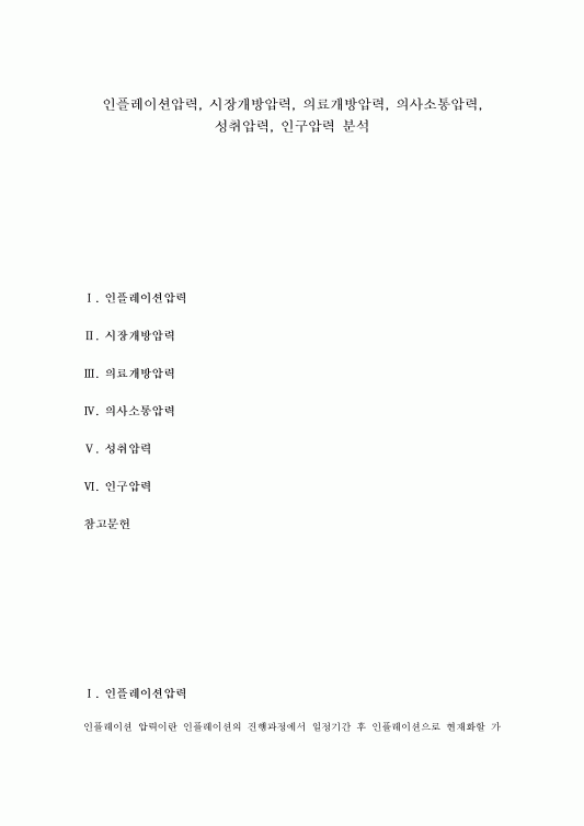[정치경제, 인플레이션압력, 시장개방압력, 의료개방압력, 의사소통압력, 성취압력, 인구압력]인플레이션압력, 시장개방압력, 의료개방압력, 의사소통압력, 성취압력, 인구압력 분석(정치경제, 인플레이션압력)