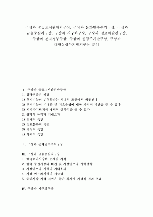 구상과 공공도서관위탁구상, 구상과 문화민주주의구상, 구상과 금융중심지구상, 구상과 지구화구상, 구상과 정보화발전구상, 구상과 전자정부구상, 구상과 신경주개발구상, 구상과 대량살상무기방지구상 분석