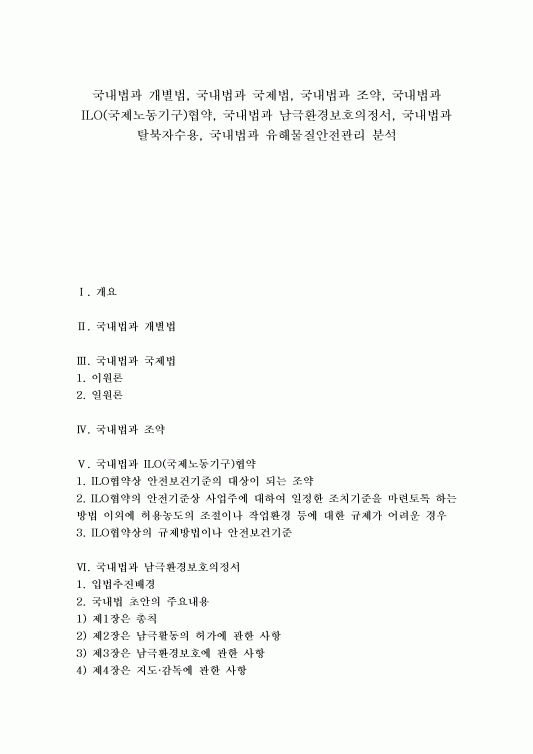 [국내법, 개별법, 국제법, 조약, ILO]국내법과 개별법, 국내법과 국제법, 국내법과 조약, 국내법과 ILO(국제노동기구)협약, 국내법과 남극환경보호의정서, 국내법과 탈북자수용, 국내법과 유해물질안전관리 분석