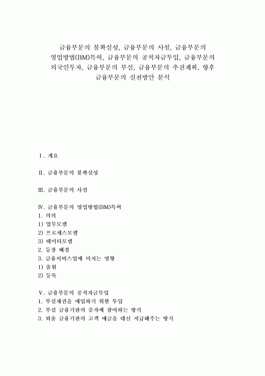 [금융부문]금융부문의 불확실성, 금융부문의 사설, 금융부문의 영업방법(BM)특허, 금융부문의 공적자금투입, 금융부문의 외국인투자, 금융부문의 부실, 금융부문의 추진계획, 향후 금융부문의 실천방안 분석