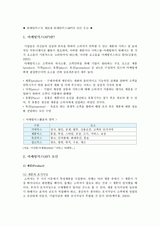 마케팅믹스의 개념과 마케팅믹스(4P)의 요인 조사