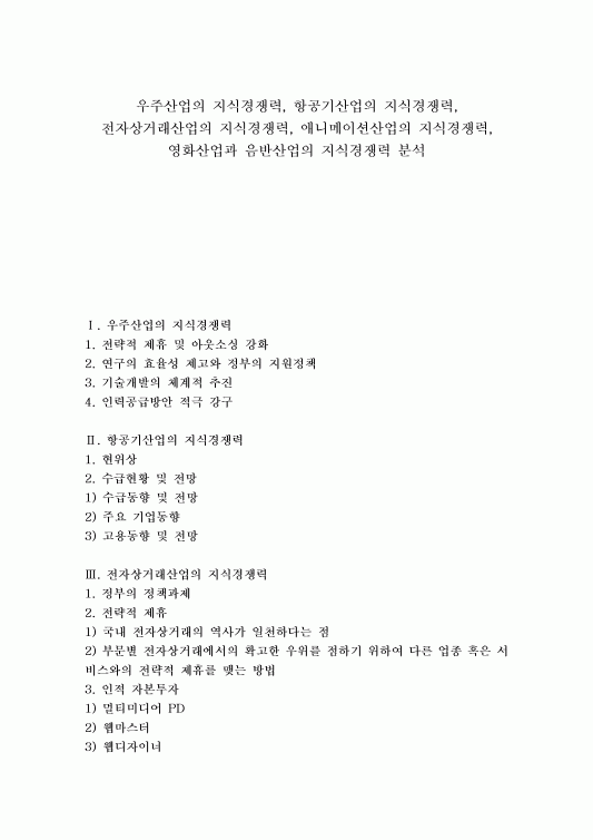 [지식경쟁력, 우주산업, 항공기산업, 전자상거래산업, 영화산업]우주산업의 지식경쟁력, 항공기산업의 지식경쟁력, 전자상거래산업의 지식경쟁력, 애니메이션산업의 지식경쟁력, 영화산업과 음반산업의 지식경쟁력